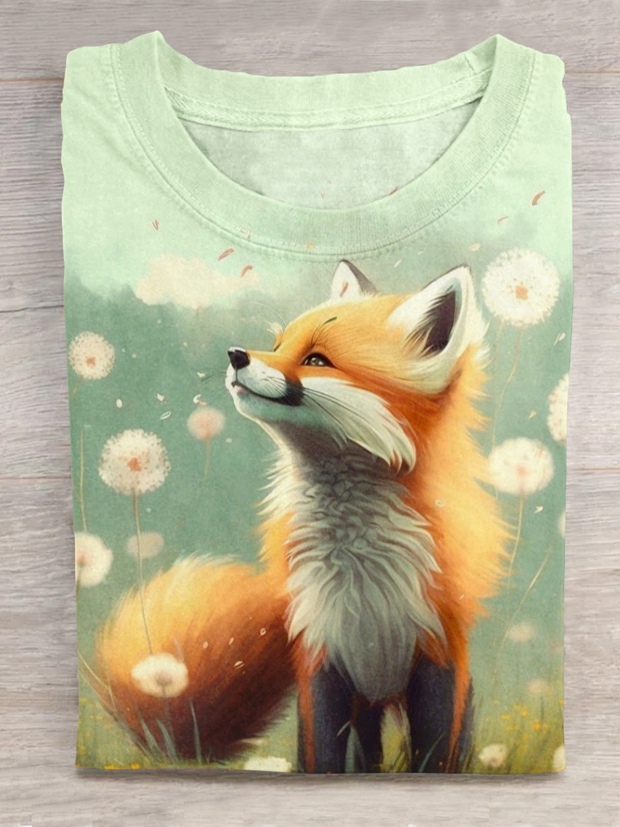 Unisex Fox Art Print Crew Neck T-Shirt