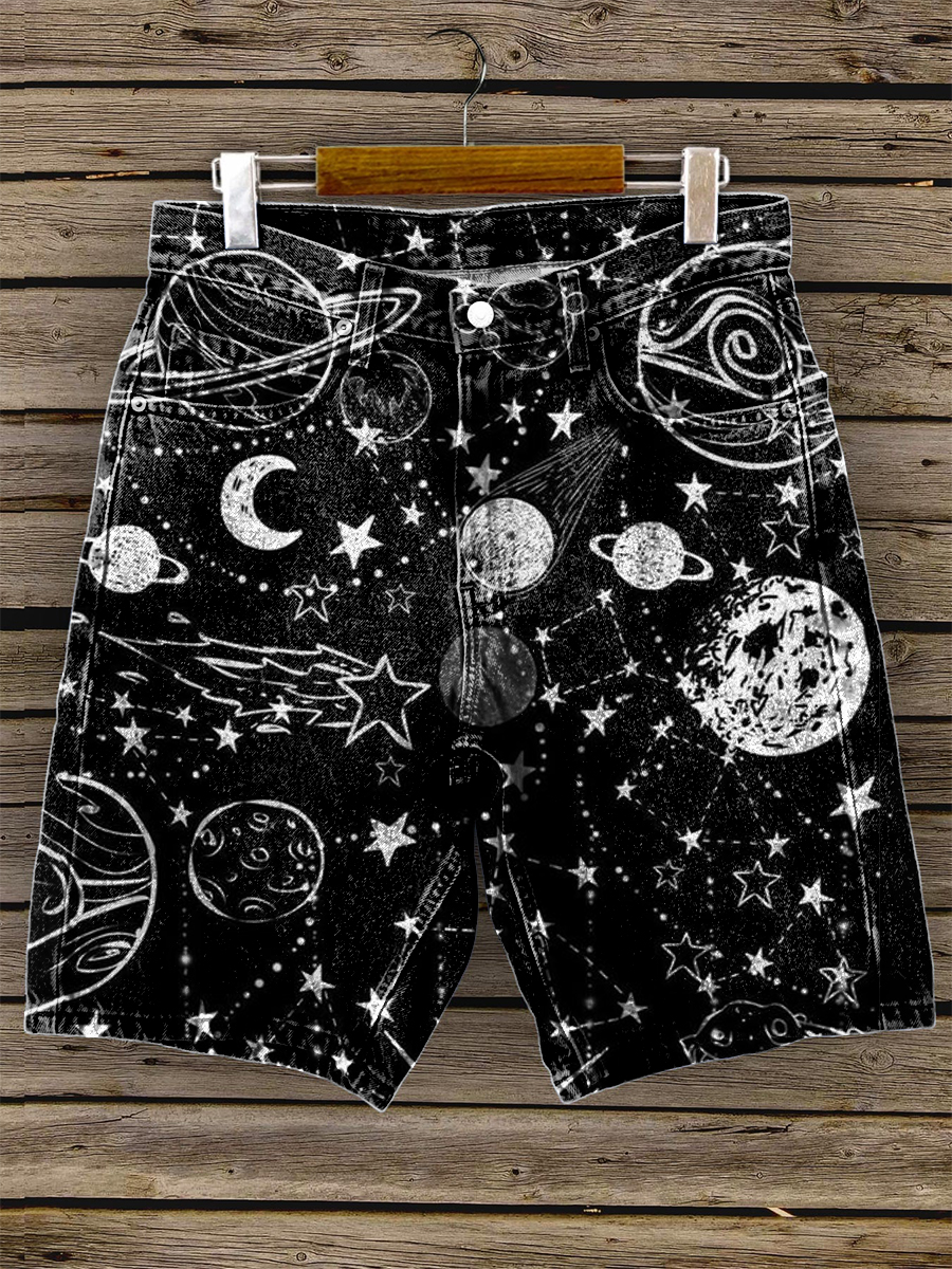 Galaxy Print Denim Casual Shorts