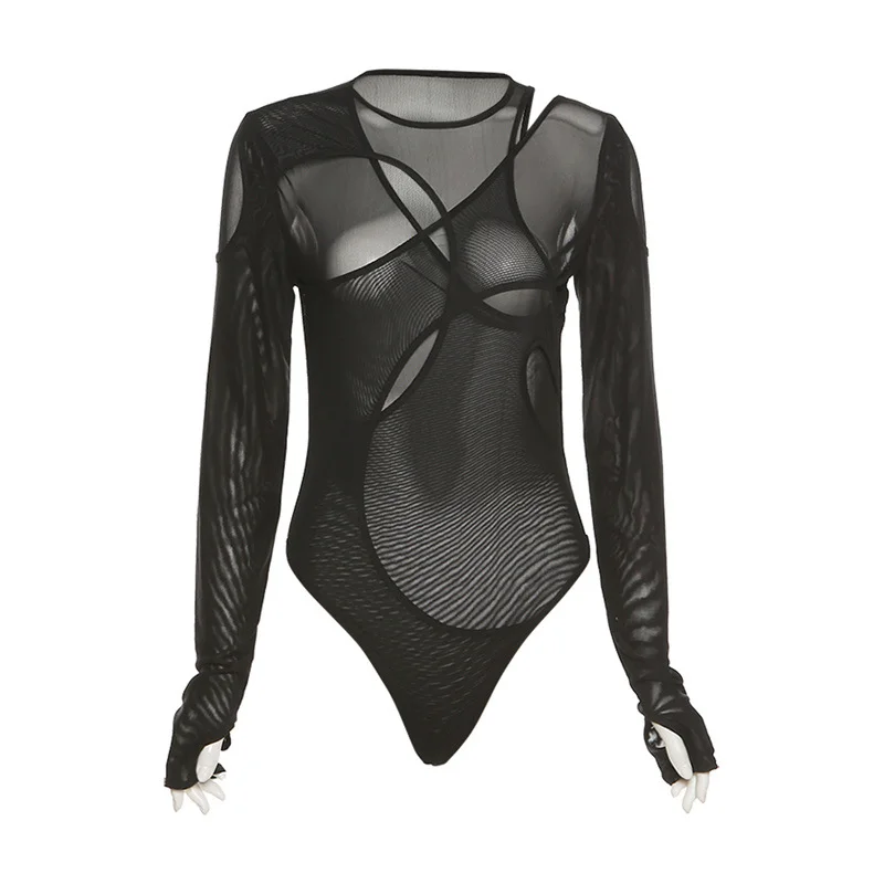 SEXY SHEER PANEL LONG SLEEVE SLIM BODYSUIT