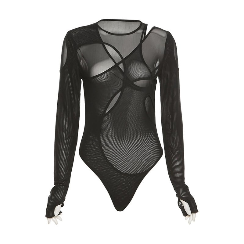 SEXY SHEER PANEL LONG SLEEVE SLIM BODYSUIT