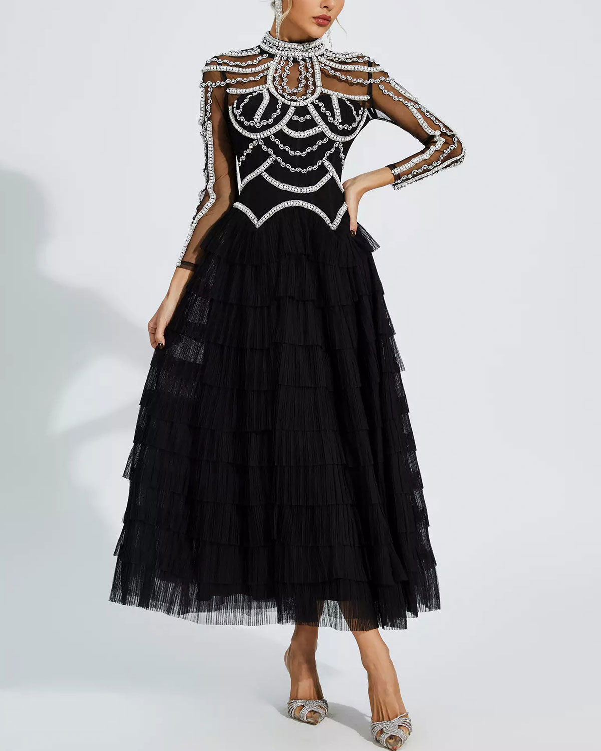 Cadence Black Beading Maxi Evening Dress