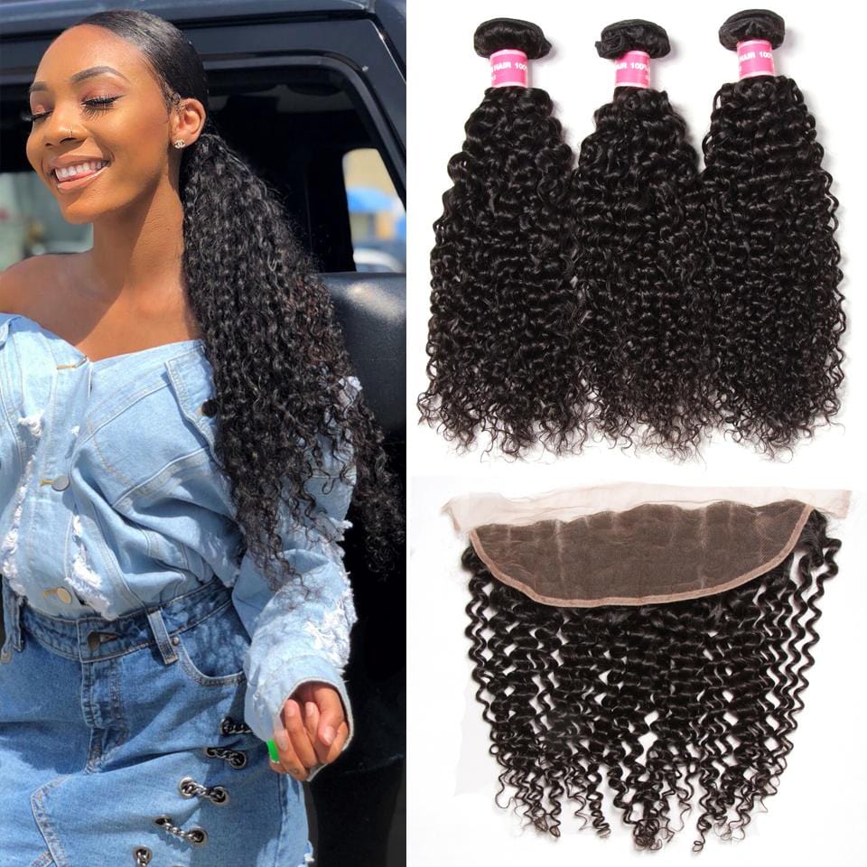 Peruvian Curly Hair 3 Bundles with Lace Frontal Closure- Hair