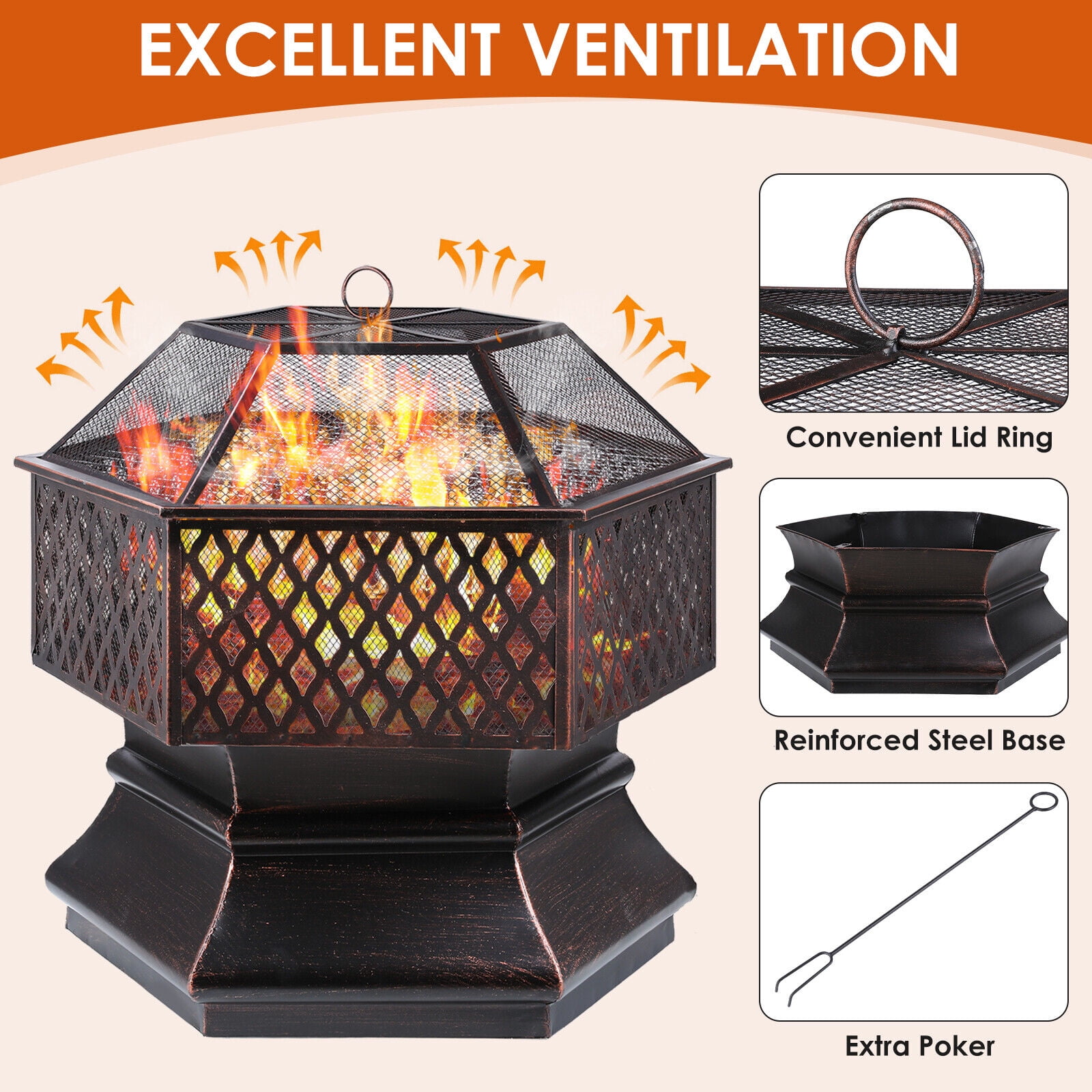30'' Hex Shaped Steel Fire Pit for Outside, Wood Burning Fireplace Fire ...