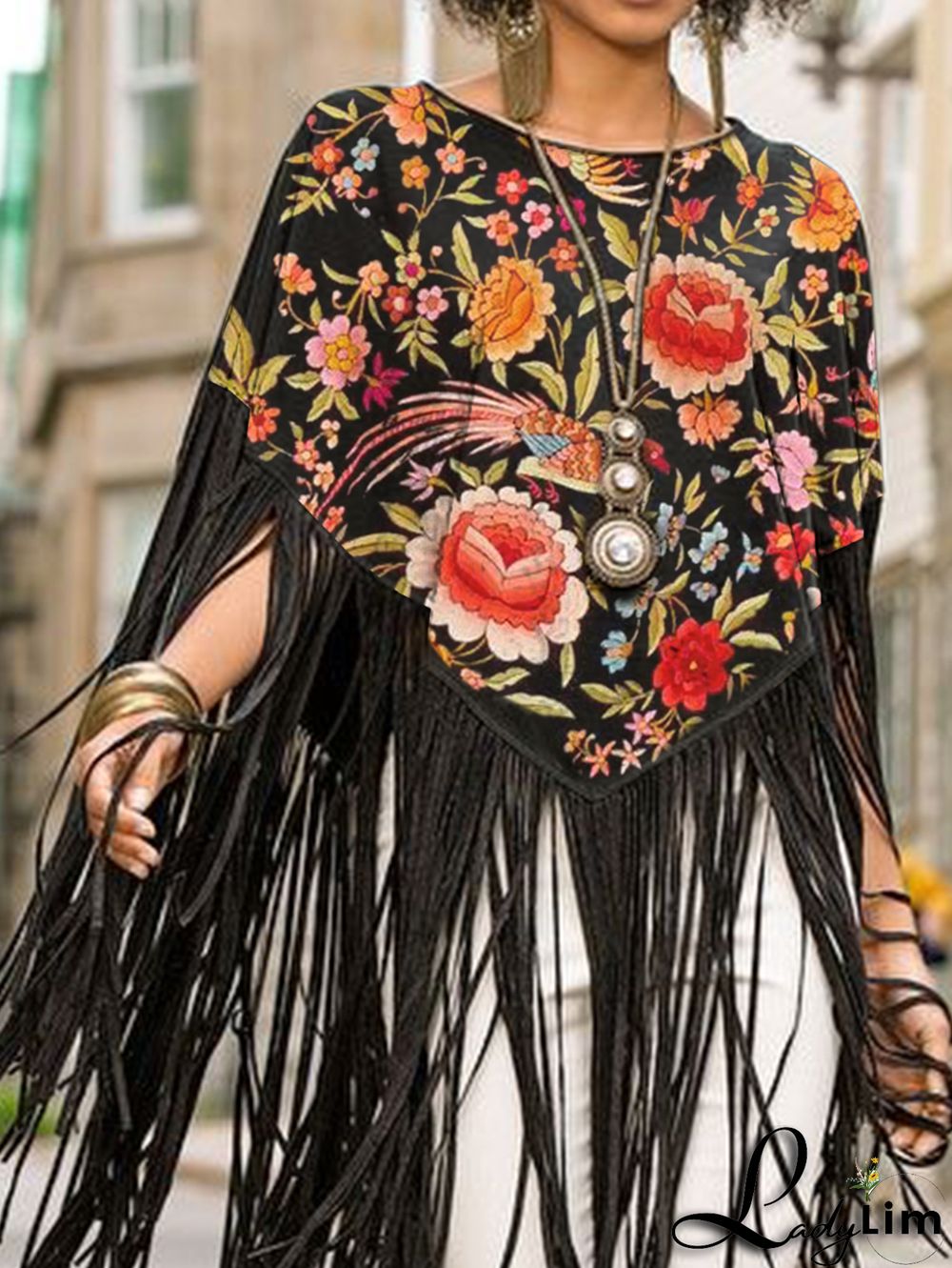 UR Vintage Floral Long Fringe Hem Blouse - Ladylim