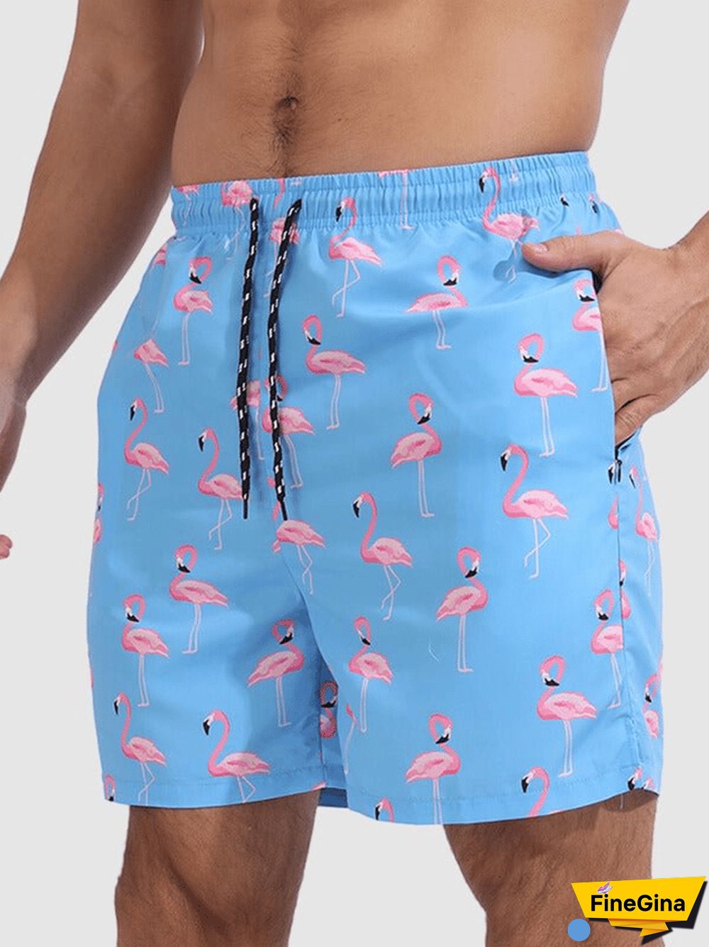 FineGina Men's Resort Double Layer Flamingo Print Beach Pocket Shorts