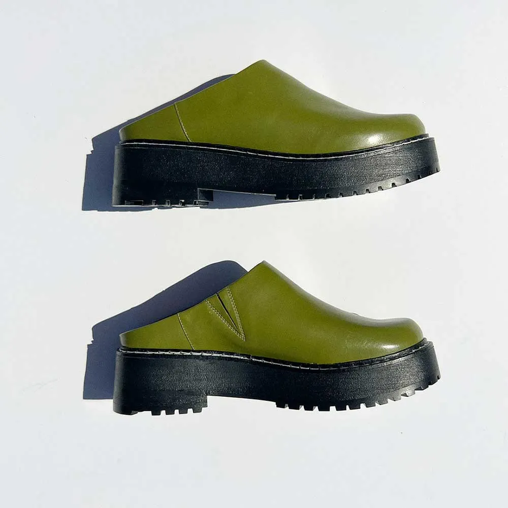 Green Round Toe Chunky Heel Lug Sole Platform Mules for Women