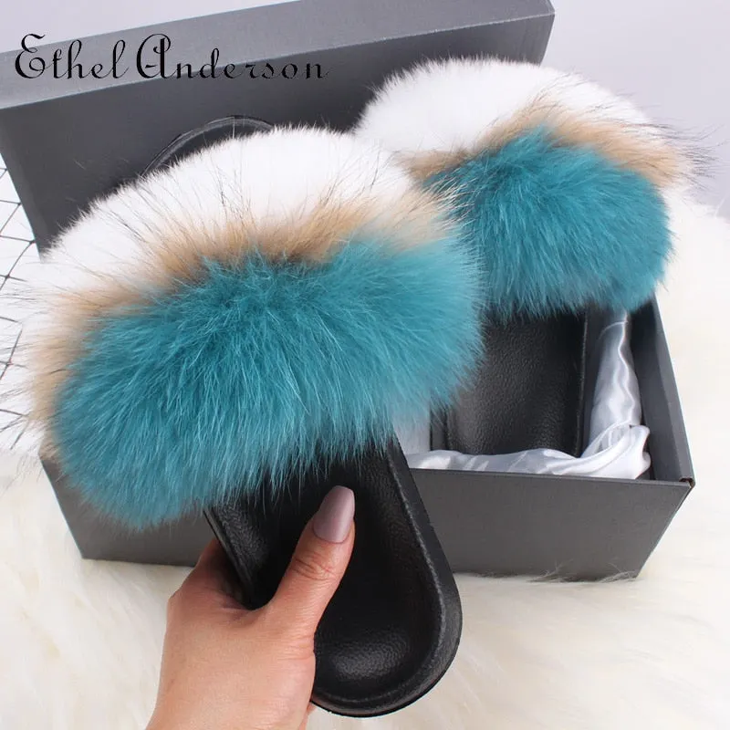 ETHEL ANERSON Real Fox Raccoon Fur Slippers for Women Fur Slides Flip ...