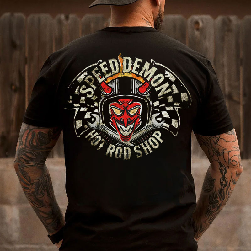 SPEED DEMON HOT ROD SHOP Helmet Devil Print Men's T-shirt