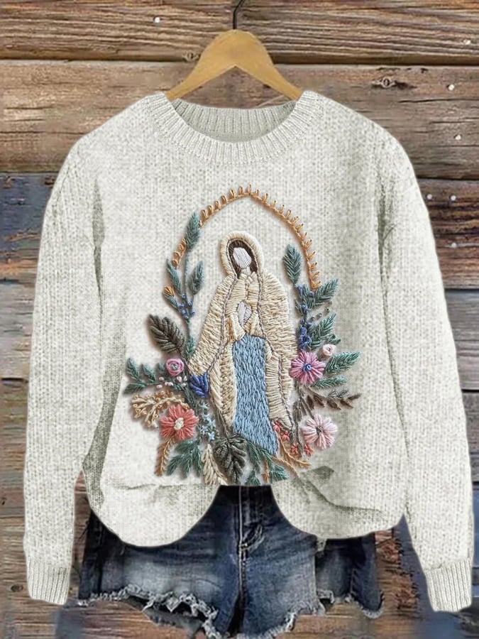Women's Christian Our Lady Floral Christian Knit Casual Sweater