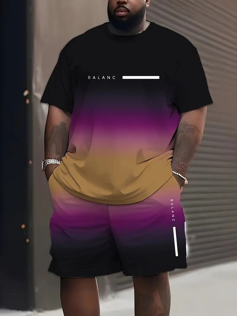 Plus Size Men's Casual Gradient Color Print T-Shirt and Shorts Set