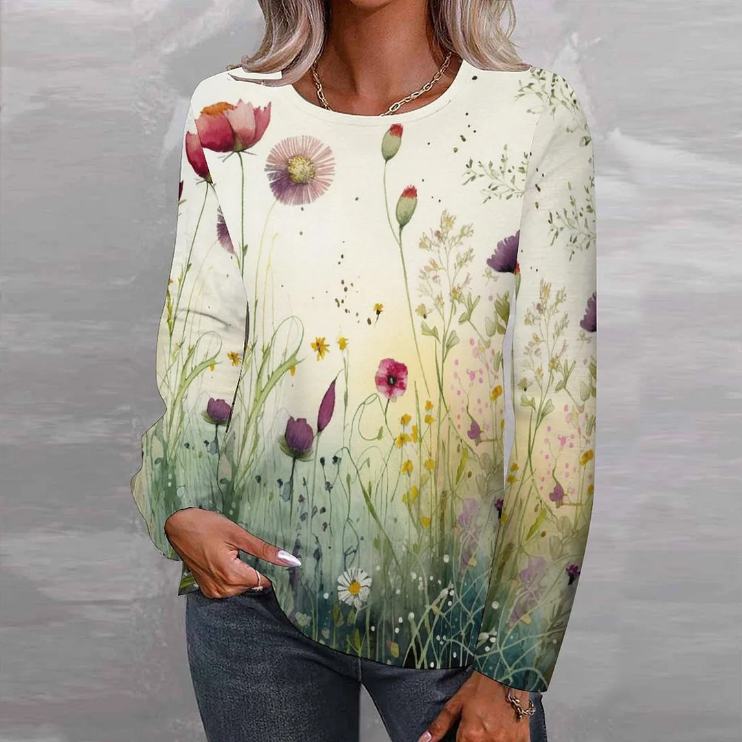 Full Printed Long Sleeve Plus Size Tunic for Women Pattern Watercolor ...