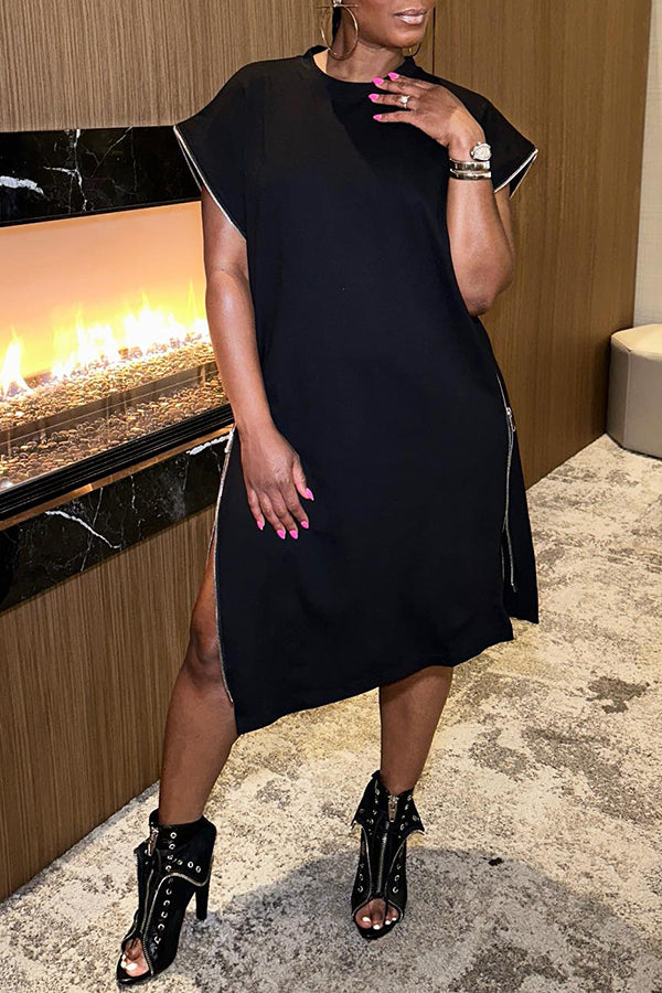 Personalized Wide-Shouldered Solid Color Side Zipper Slit Midi Dress