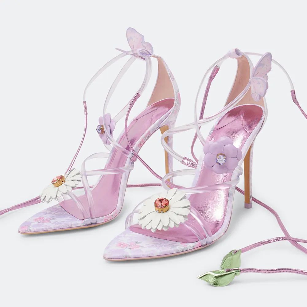 Caleb Flower & Butterfly Decor Open Toe Lace-Up Stiletto Heeled Sandals ...
