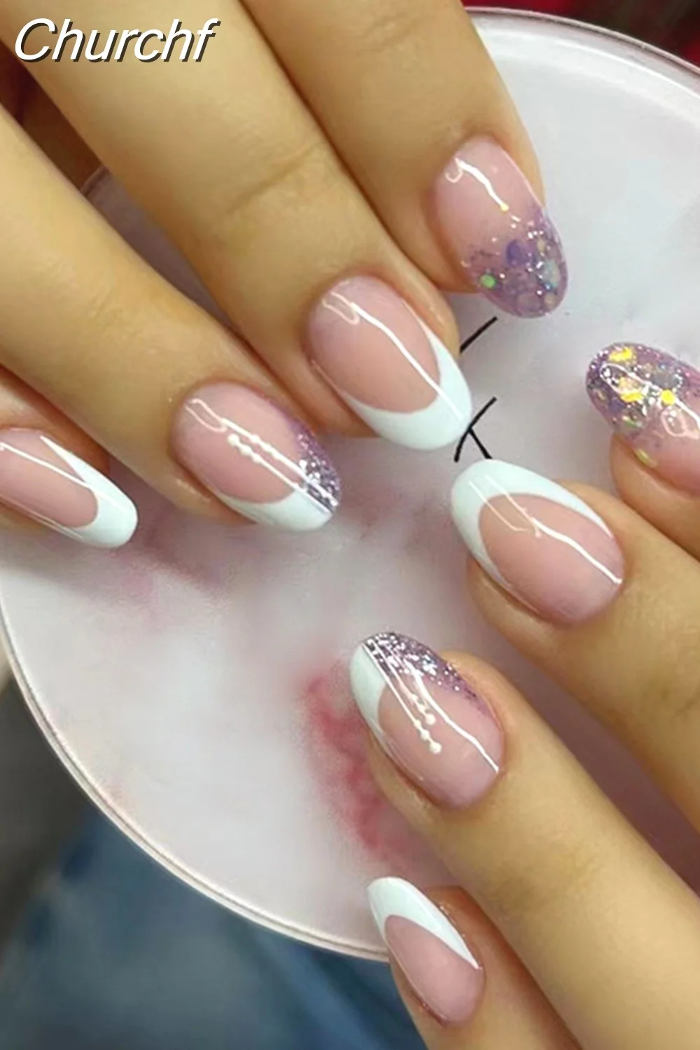 Churchf Glitter Short Almond False Nails Pink Aurora Ellipse Fake Nails ...