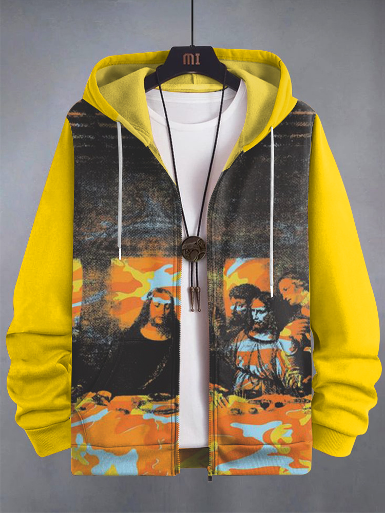 Men's Retro The Last Supper Illustration Print Hooded Zip Up Jacket