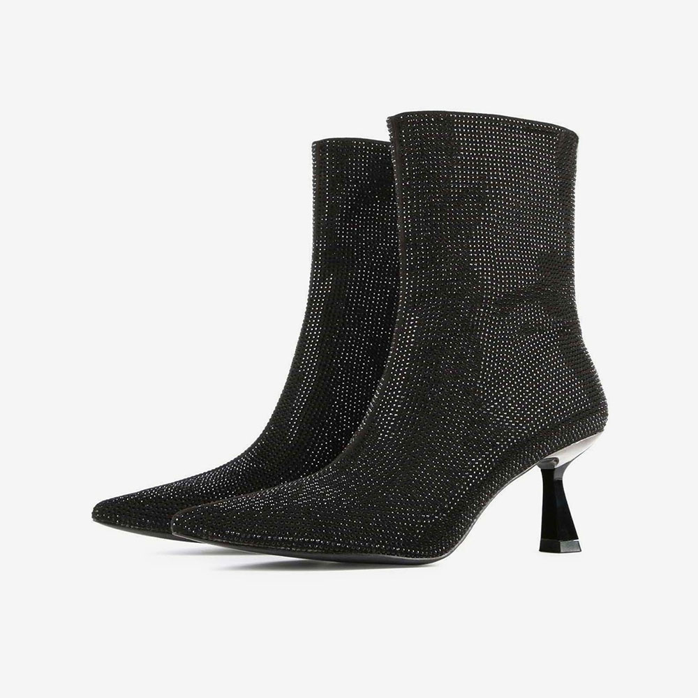 Black Rhinestone Pointed Toe Flared High Heel Ankle Boots for Women