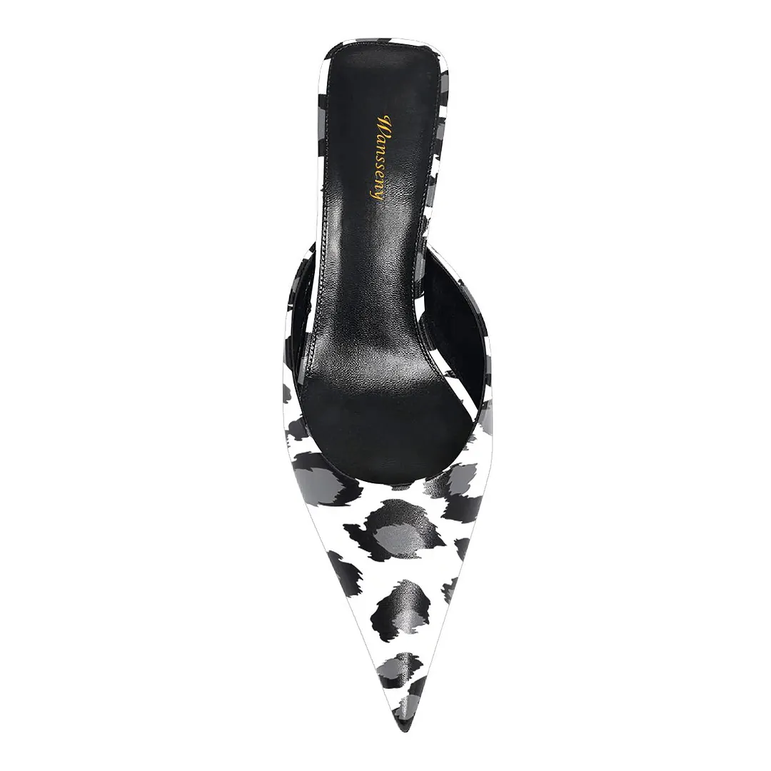 Leopard Printed Pointed Toe Kitten Heel Mule Shoes for Women