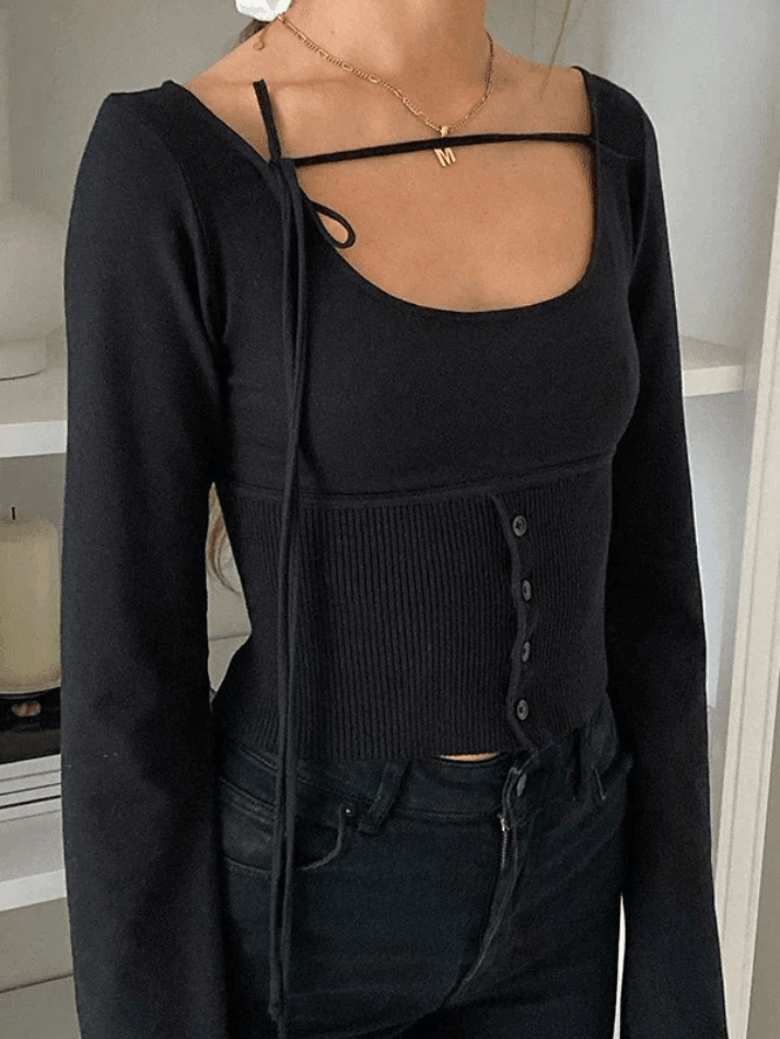 Y2k Black U-neck Tie Front Patchwork Ribbed Long Sleeve Crop Top