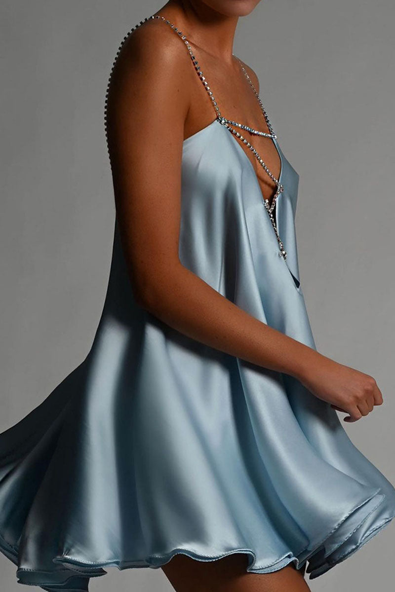 Sexy Solid Split Joint Chains Asymmetrical Spaghetti Strap A Line Dresses