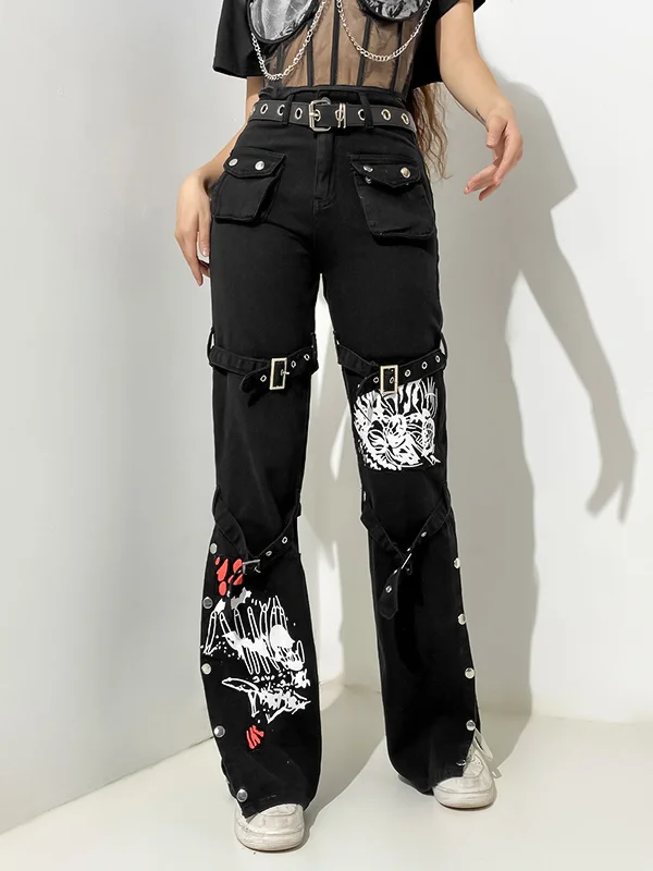 Gothic Dark Street Printed Belt High Rise Washed Jeans with Pockets