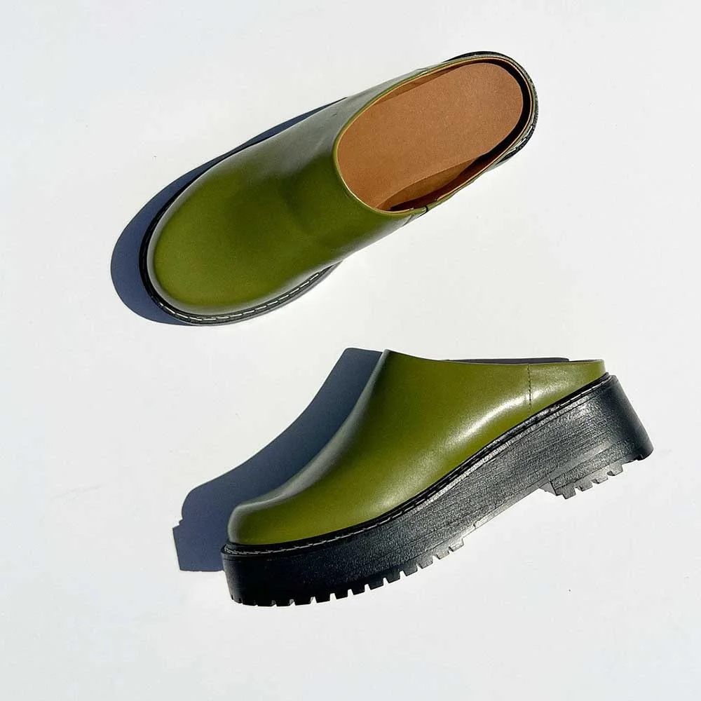 Green Round Toe Chunky Heel Lug Sole Platform Mules for Women