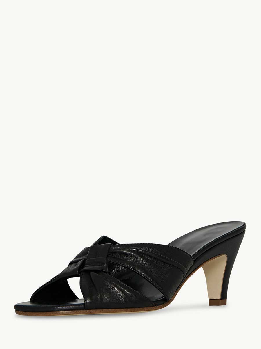 Black Open Square Toe Cone Heel Mules for Women with Knot Details