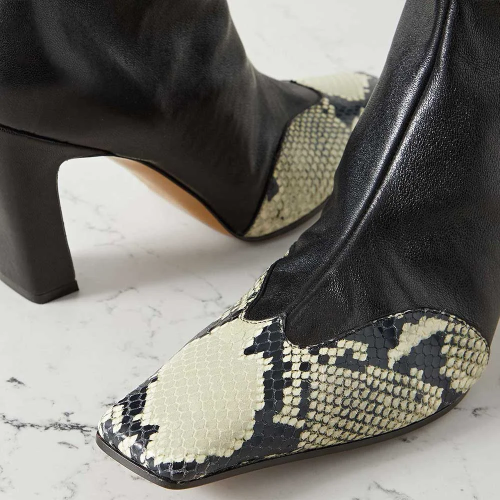 Black Square Toe Chunky Heel Python Patchwork Ankle Boots for Women