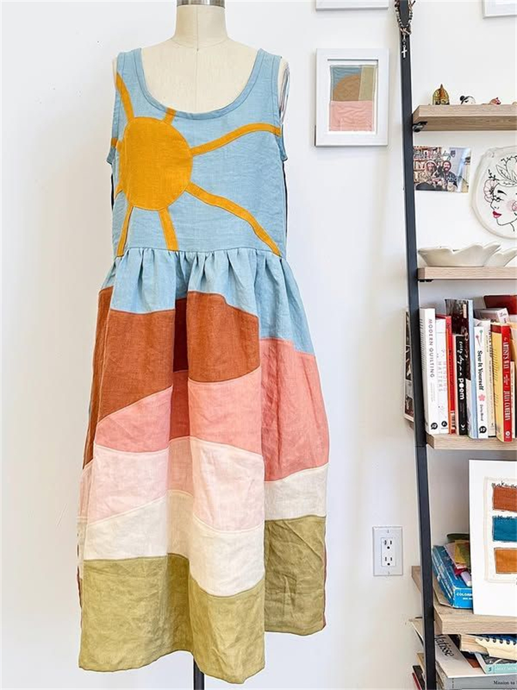 Day & Night Contrast Landscape Colorblock Linen Dress 37.99