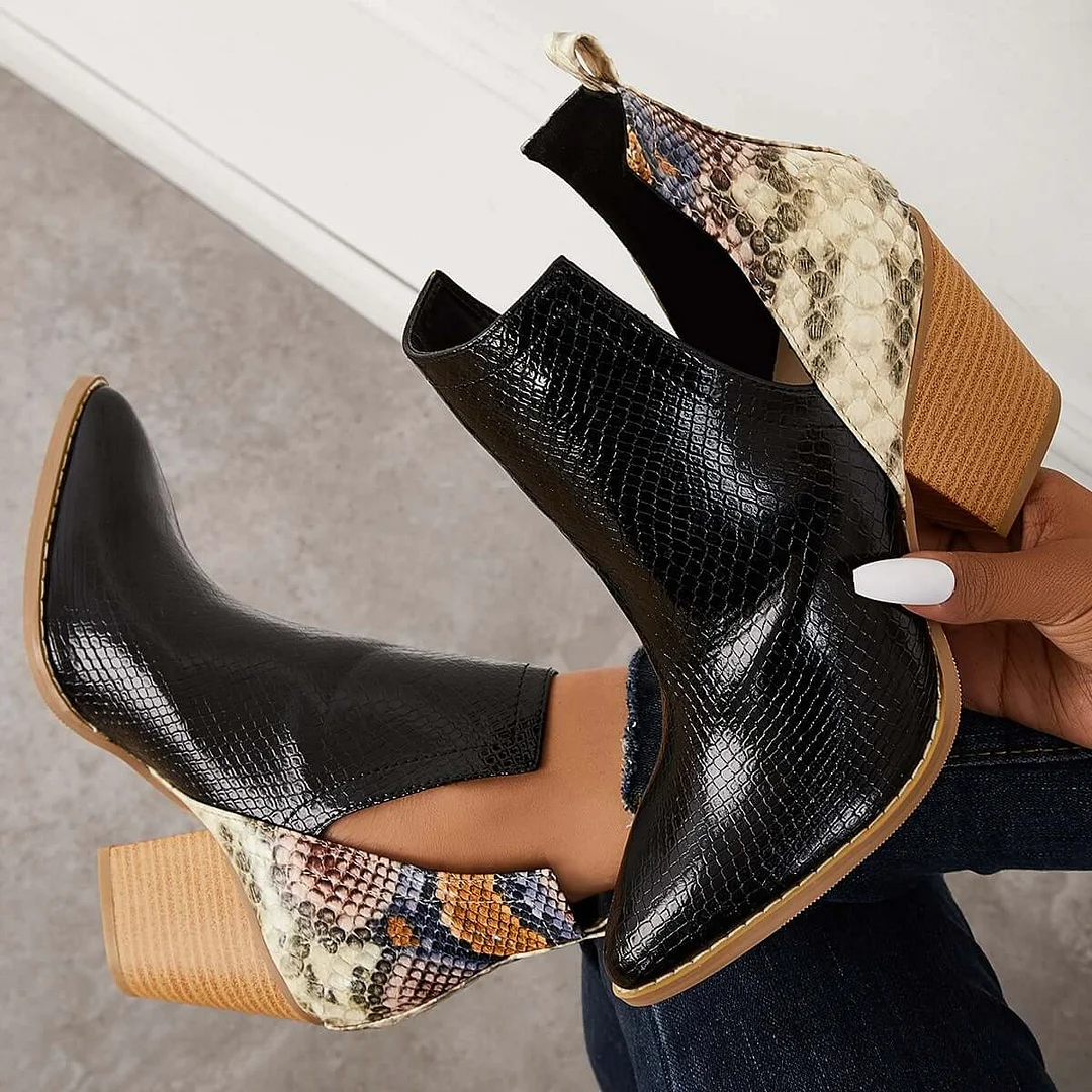 Womens Western Ankle Cowboy Boots Cutout Block Heel Booties