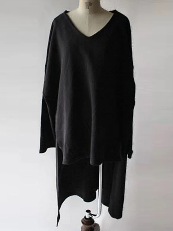 Casual Loose Solid Color Split-Side High-Low V-Neck Long Sleeves Sweatshirt