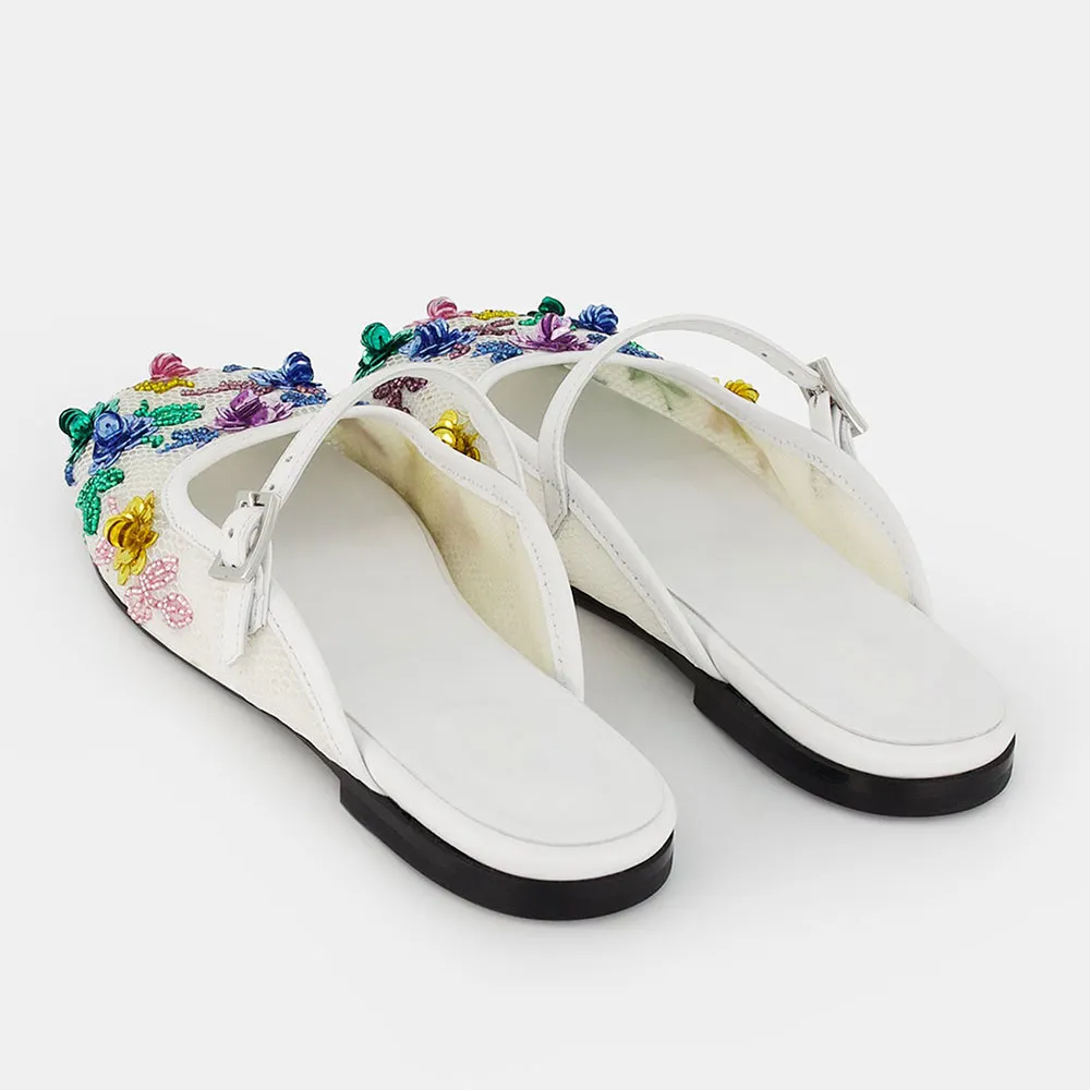 White Floral Mesh Closed Toe Beads & Sequins Embellished Flat Mules