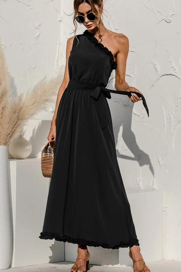 Solid Color Skew Neck Stringy Selvedge Maxi Dress