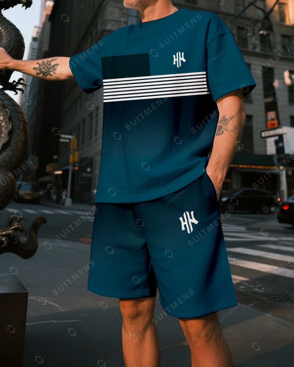 Men's Summer Colorblock Printed Round Neck Suit 011