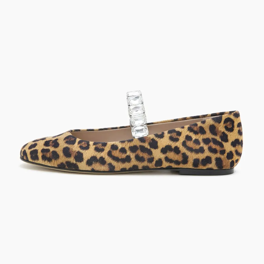 Brown & Black Round Toe Leopard Print Ballet Flats with Rhinestone