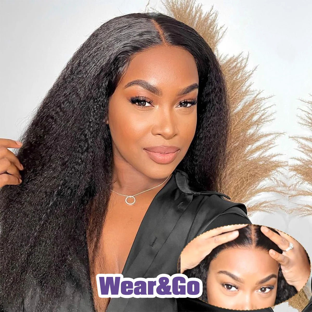 Kinky straight 200% density glueless brazilian black wigs