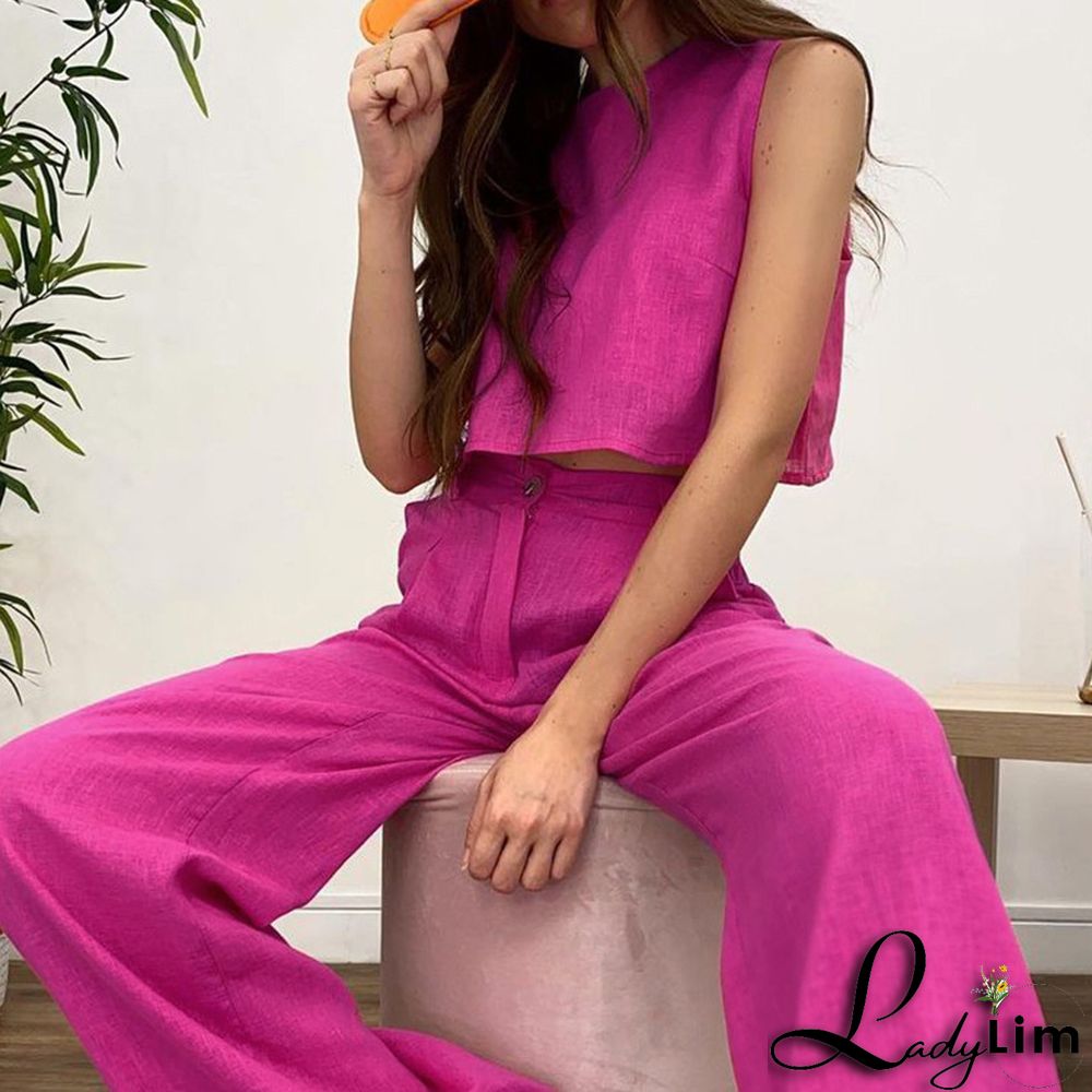 Cotton and Linen Sleeveless Solid Color Two Piece Set - Ladylim