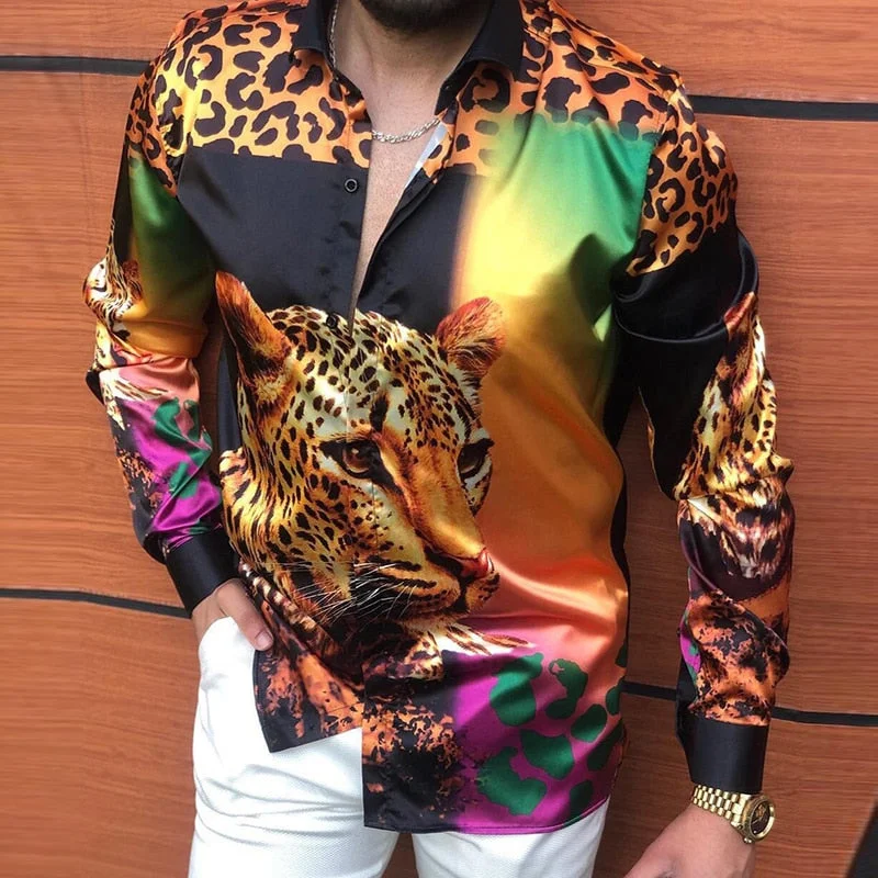 New Fashion Leopard Print Long Sleeve Shirts For Men Button Turn-down ...