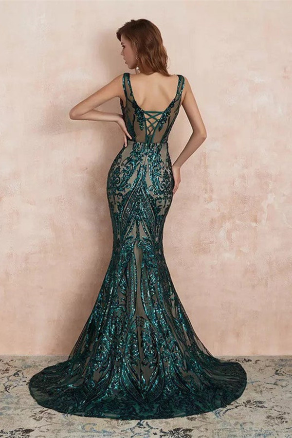 Daisda Dark Green V-Neck Sleeveless Evening Dress Mermaid with Sequins