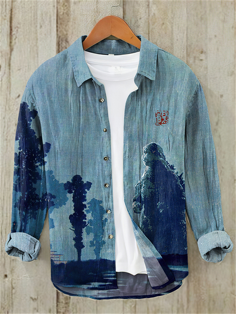 Funbibi Men's Vintage Godzilla Art Casual Linen Blend Shirt