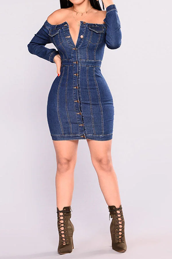 Solid Color Classic Off Shoulder Denim Mini Dress