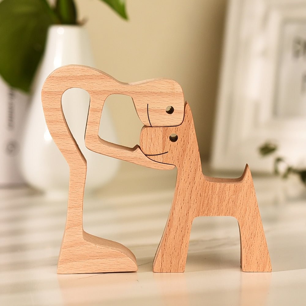 Family Puppy Wood Dog Craft Figurine Desktop Table Ornament Carving ...