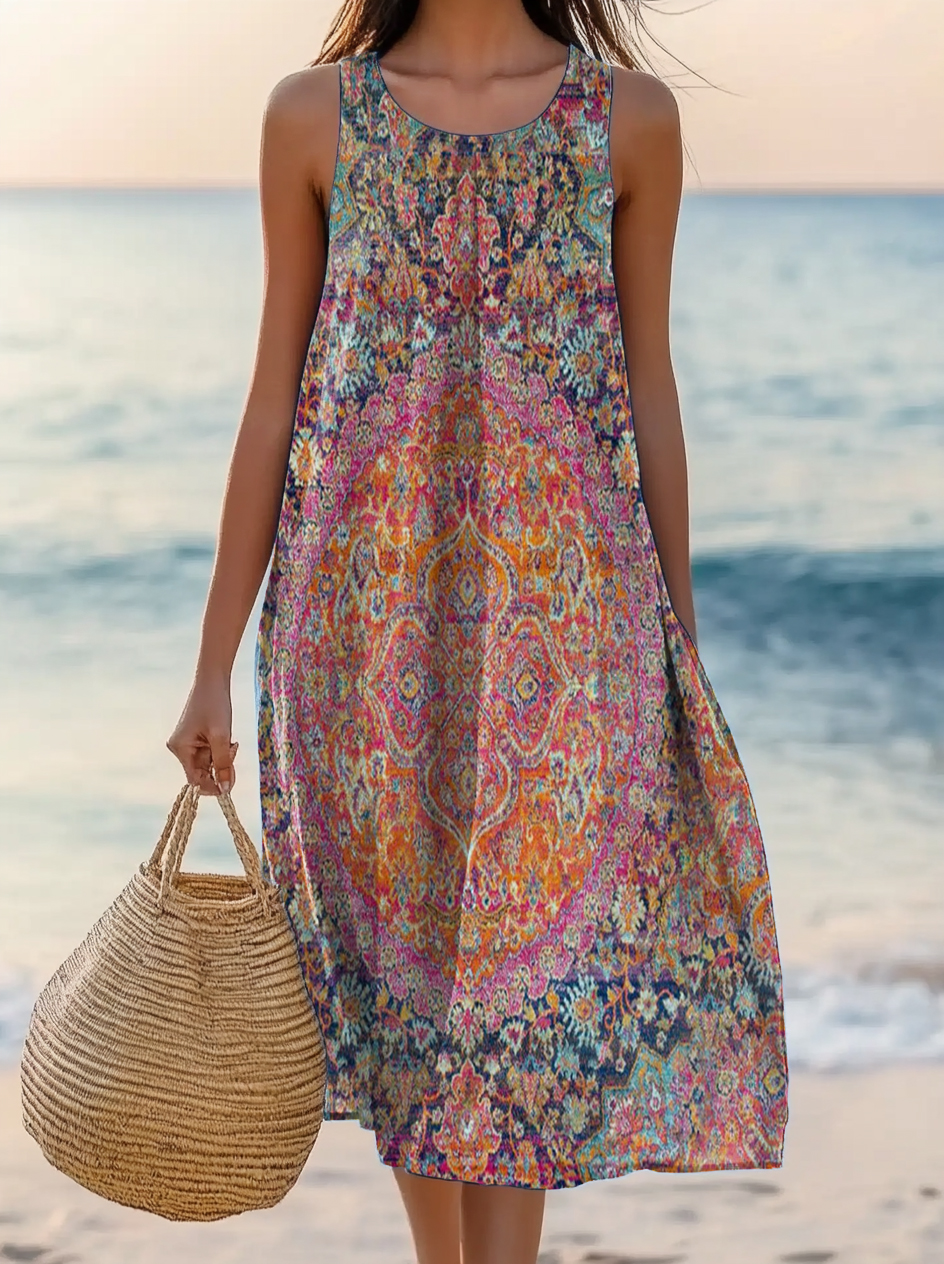 Women's Retro Ethnic Totem Art Print Crew Neck Sleeveless Cotton Pocket ...