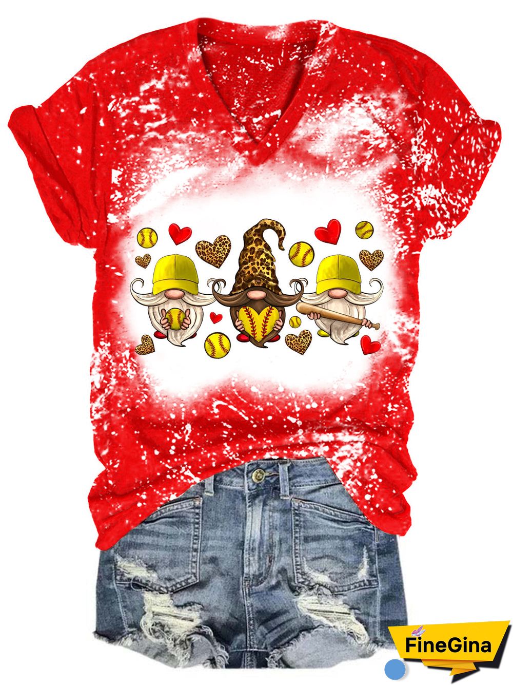 FineGina Western Softball Gnomes Bleaching V Neck T-shirt