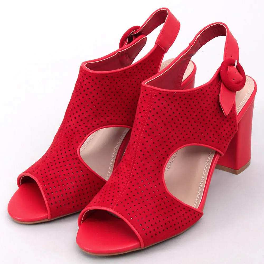 Red Leather Opened Toe Cut Out Slingback Sandals With Chunky Heels