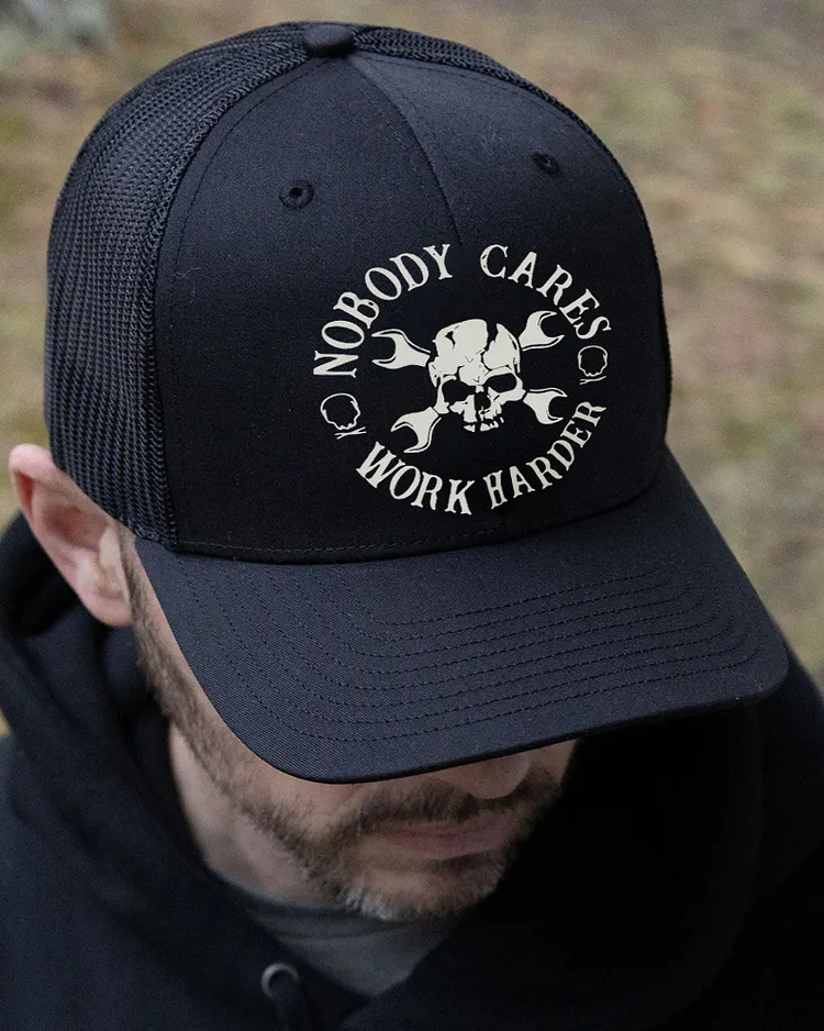 NOBODY CARES, WORK HARDER Skulls with Handles Trucker Cap