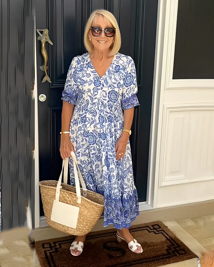Bohemian Deep V Half Sleeve Dress For Elderly Women & Senior Ladies ...