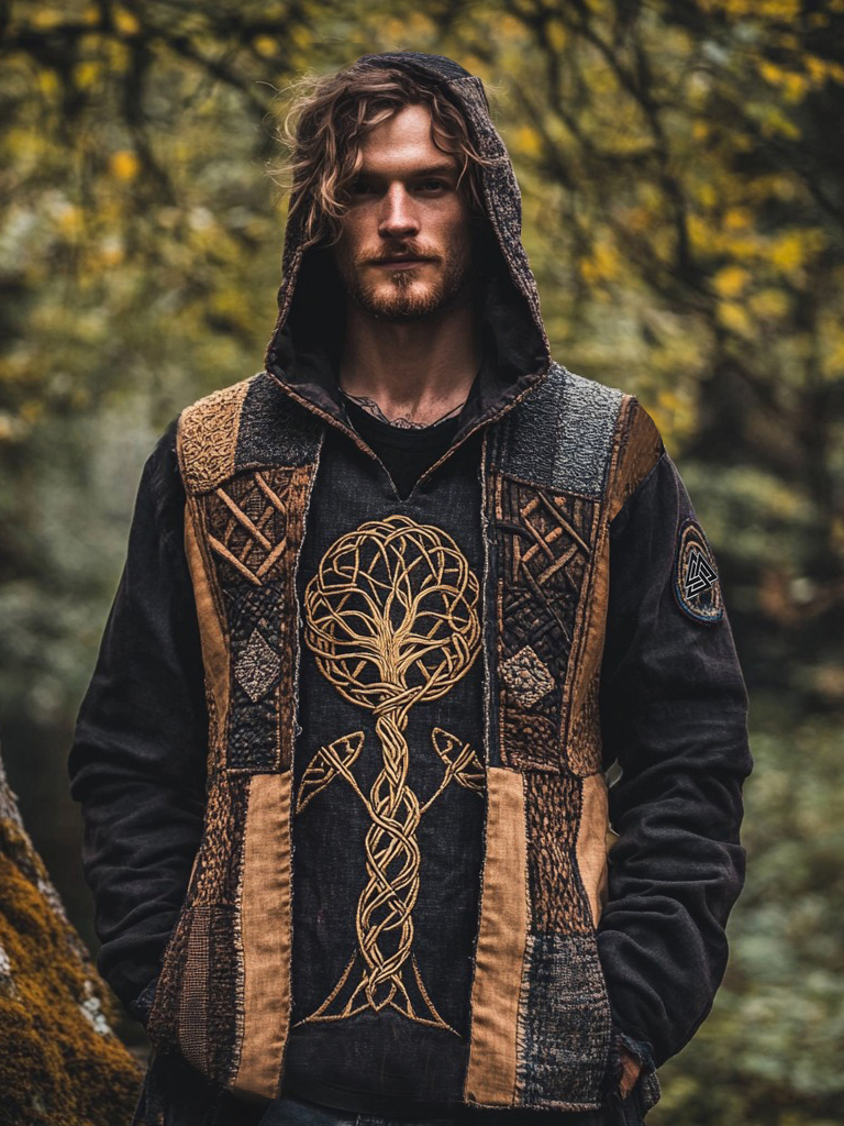 Men's Tribal Life Of Tree Celtic Patchwork Art Linen Hooded Shirt