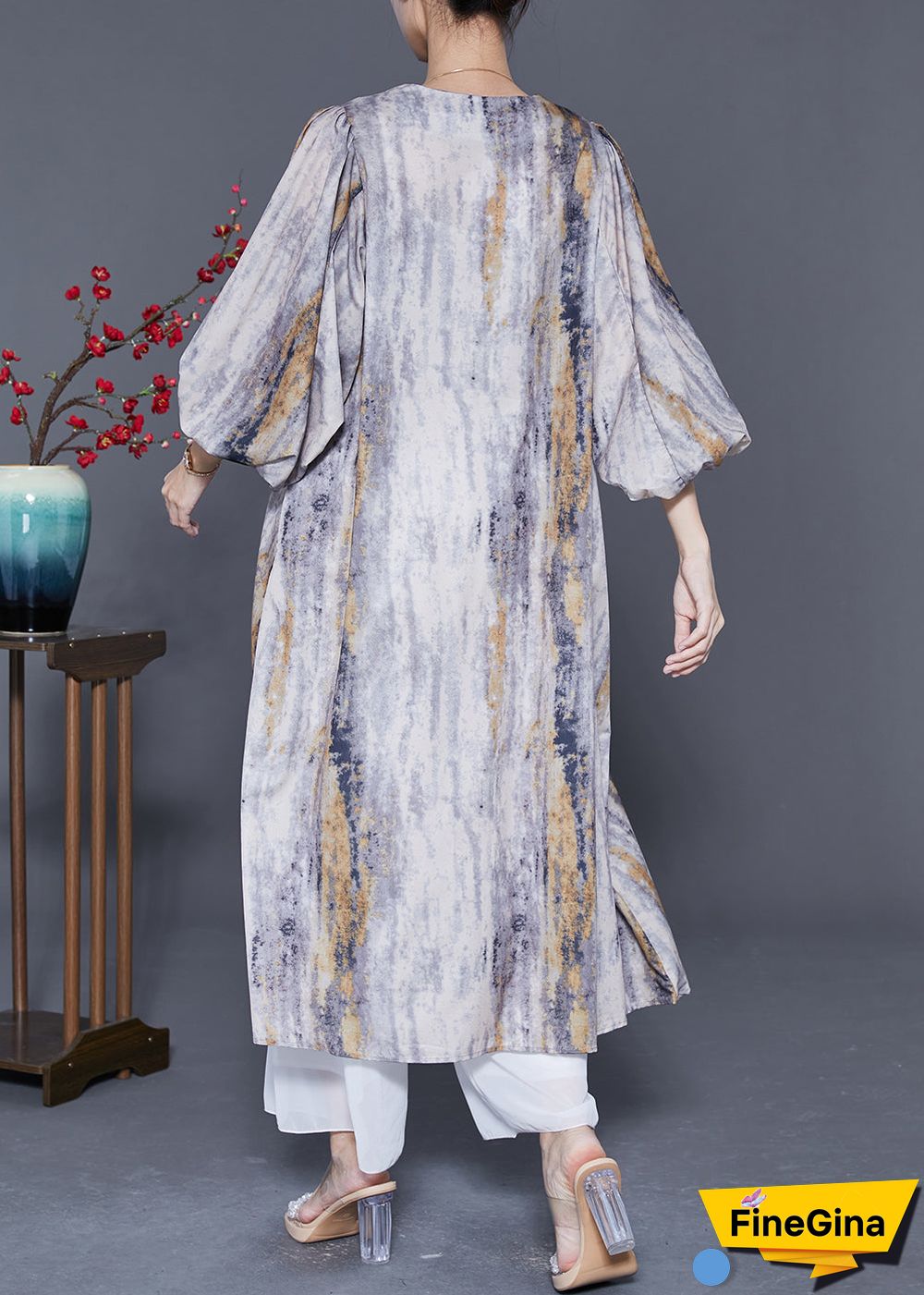 FineGina Plus Size Colorblock V Neck Tie Dye Silk Dress Lantern Sleeve