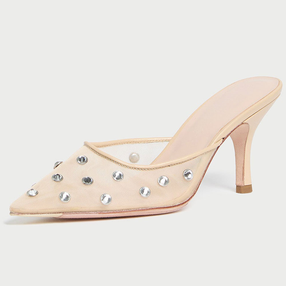 Beige Mesh Pointed Toe Rhinestone Embellished Heeled Mules