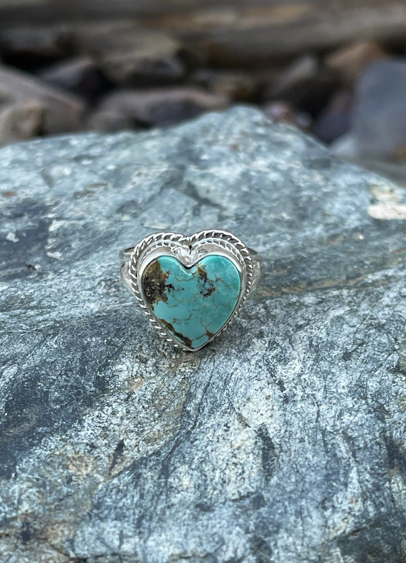 Handmade Sterling Silver Kingman Turquoise Heart Ring - Size 7